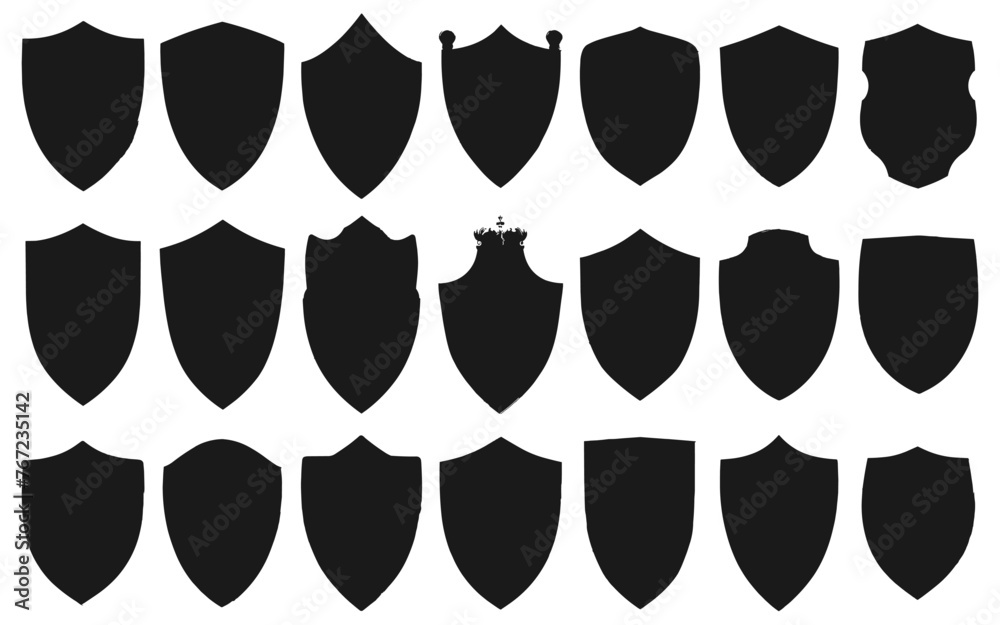 Shields of different shapes. Black armour shield signs isolated, award ...