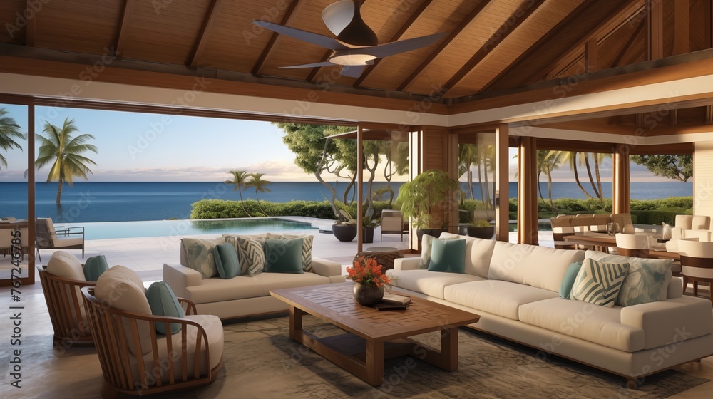 Tropical indoor/outdoor bungalow living room with tongue-and-groove ...