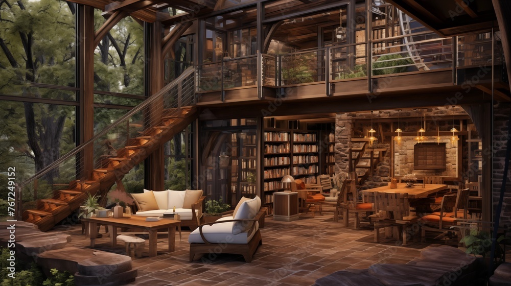 Two-story rustic barnwood home office pavilion with rolling ladder ...