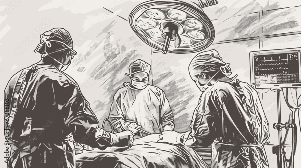 Working surgeon in operating room, vintage engraving sketch ...