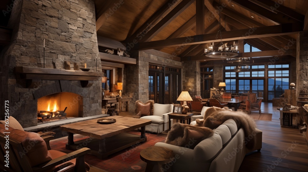 Warm and welcoming rustic chalet great room with peaked A-frame wood ...