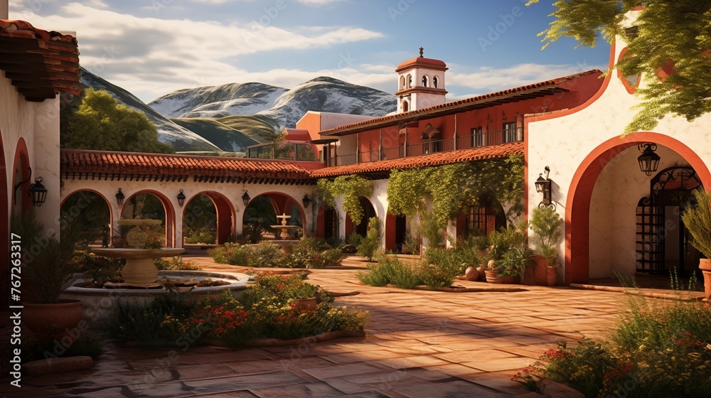 Spanish hacienda with tiled roofs arched walkways and courtyards. Stock ...