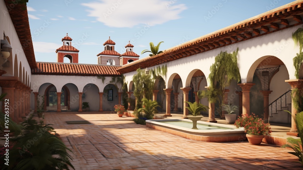 Spanish hacienda with tiled roofs arched walkways and courtyards. Stock ...