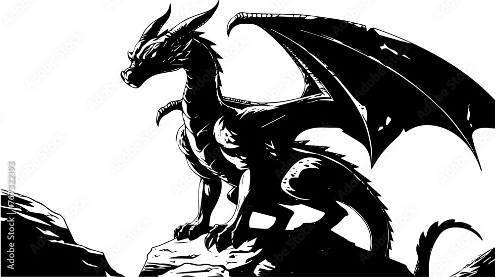 Mythical Dragon Scene Vector Illustration in Black Stock Vector | Adobe ...