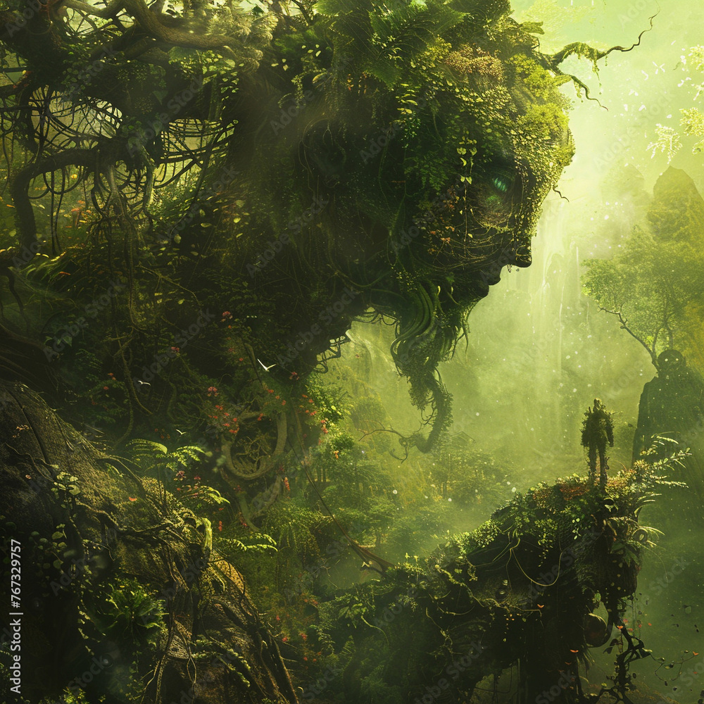 Mystical forest awakening with sunlight penetrating dense greenery ...