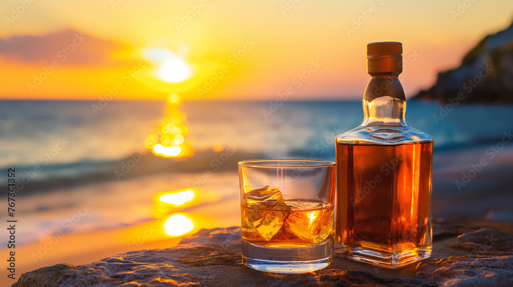 Whiskey Bottle and Glass Against Sunset Beach Background. Sundowner ...
