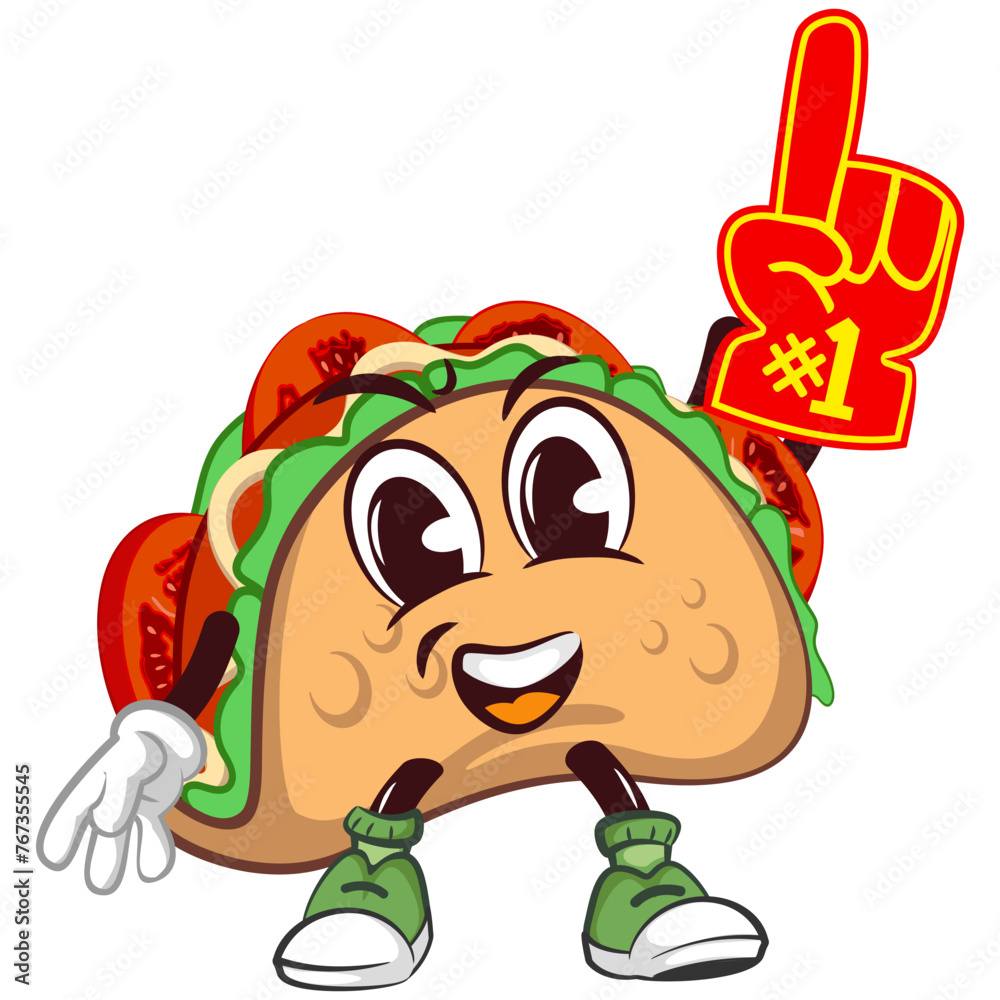 cute taco mascot character emoticon raising his foam finger up, crowned ...