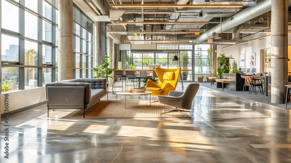 Empty modern coworking space with no people, featuring an open-plan ...