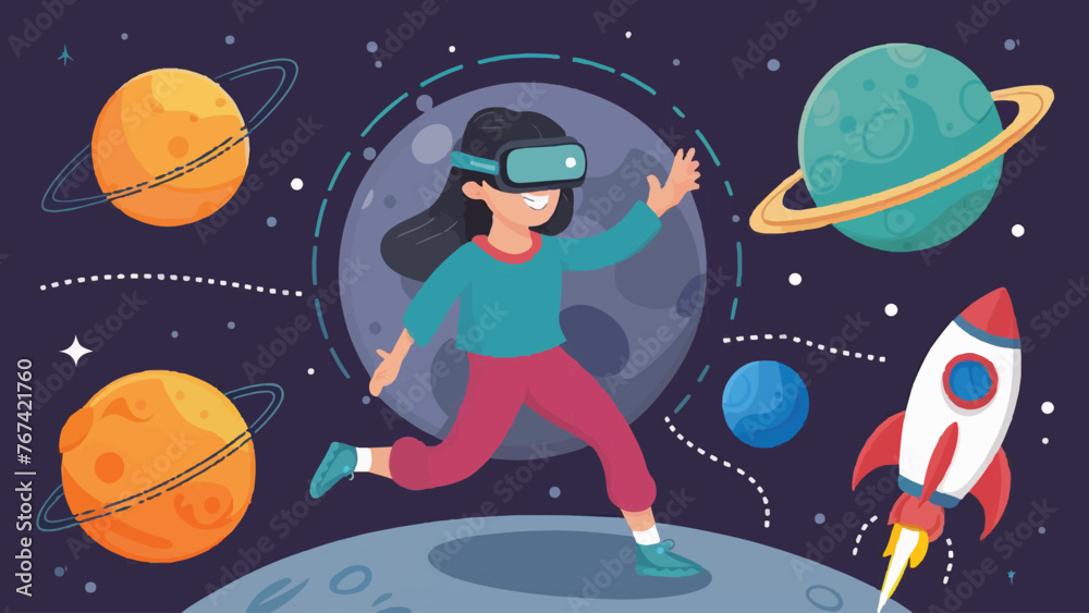 Virtual reality concept: a person in space next to planets and a rocket ...