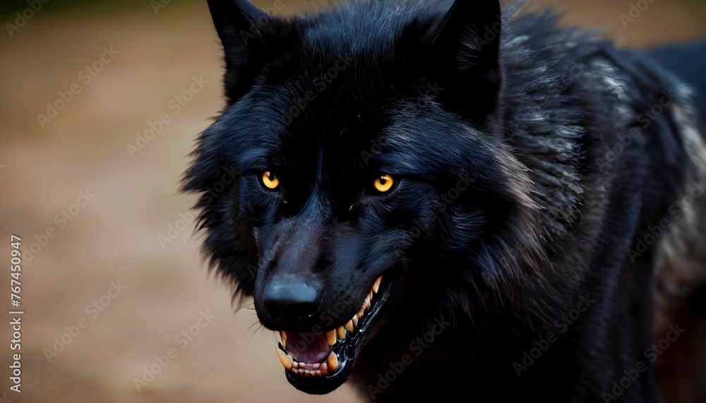 werewolf face closeup. evil looking dog wolf. black wolf. sharp fangs ...