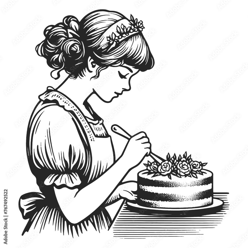 Girl confectioner cake baking hand-icing kitchen utensils and ...
