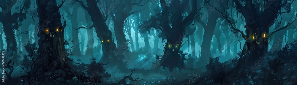 A dense forest at night with the trees appearing to close in and eyes ...
