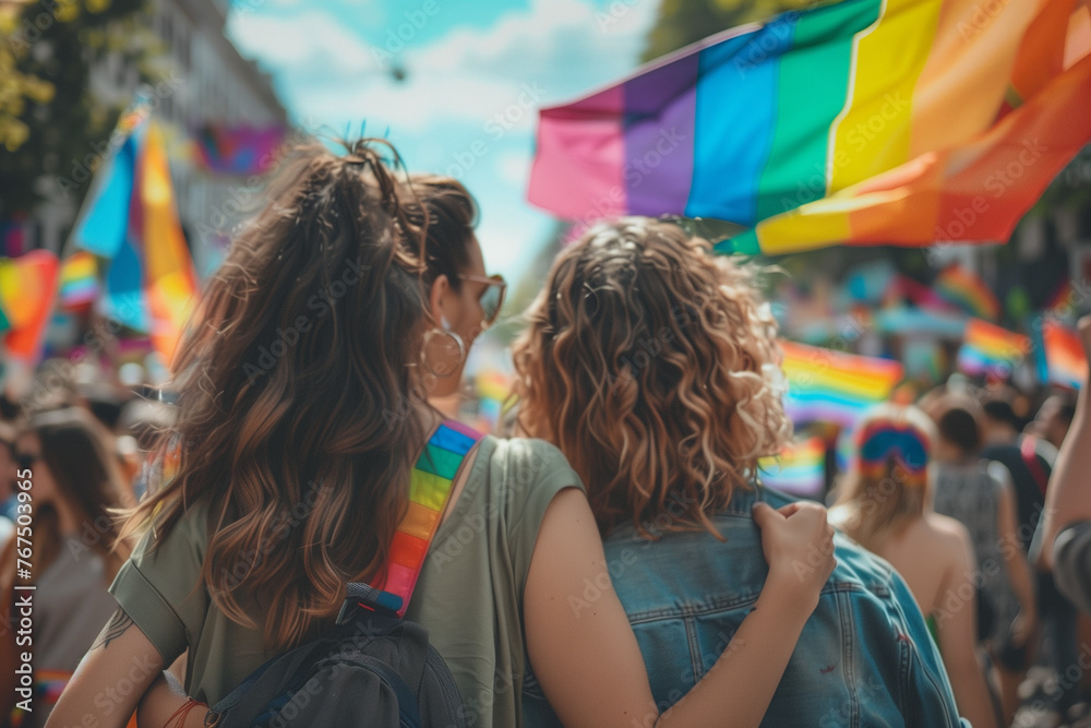 Lesbian couple at gay pride parade, marching together two women in the ...