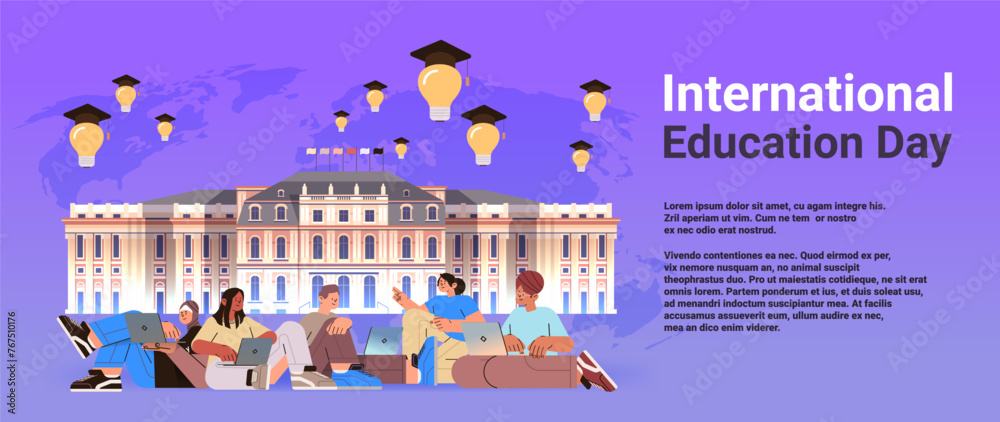 mix race students group using laptops at campus yard international ...