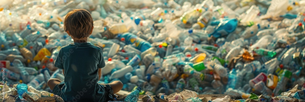 Child sitting amidst piles of plastic waste - A thought-provoking image ...