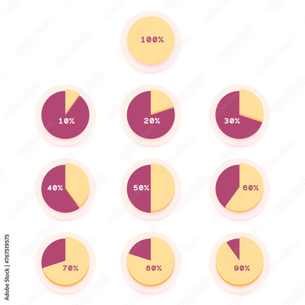 Pie chart vector 3D circle diagram infographic set. From 10% to 100% ...