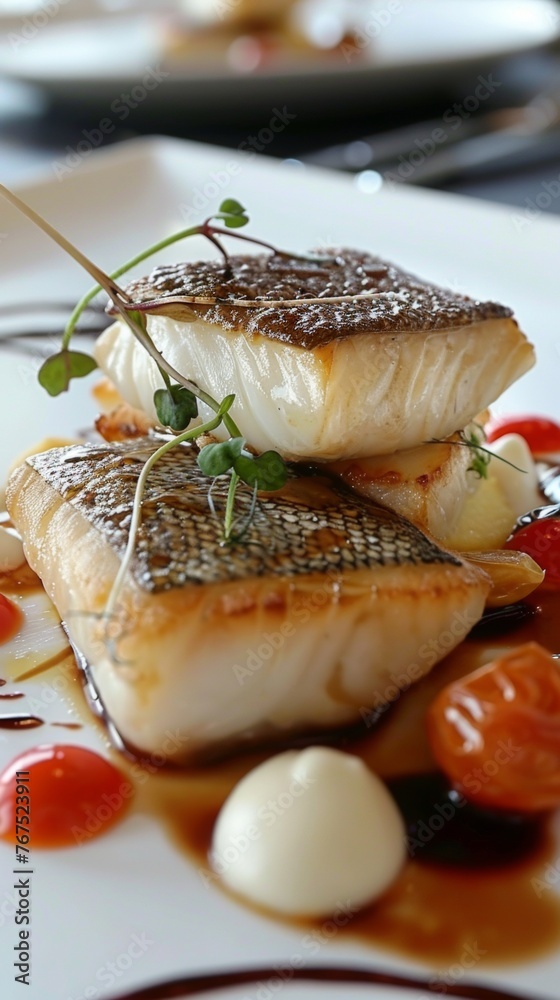 Culinary excellence depicted in the preparation of a refined sea bass ...