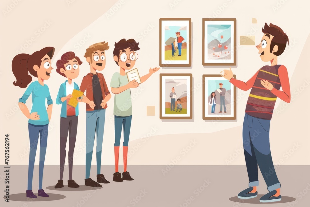 Cartoon cute doodles of a gallery curator giving a guided tour to a ...