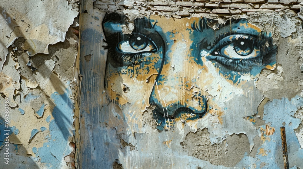 A stencil of a face with piercing eyes stares out from a crumbling ...