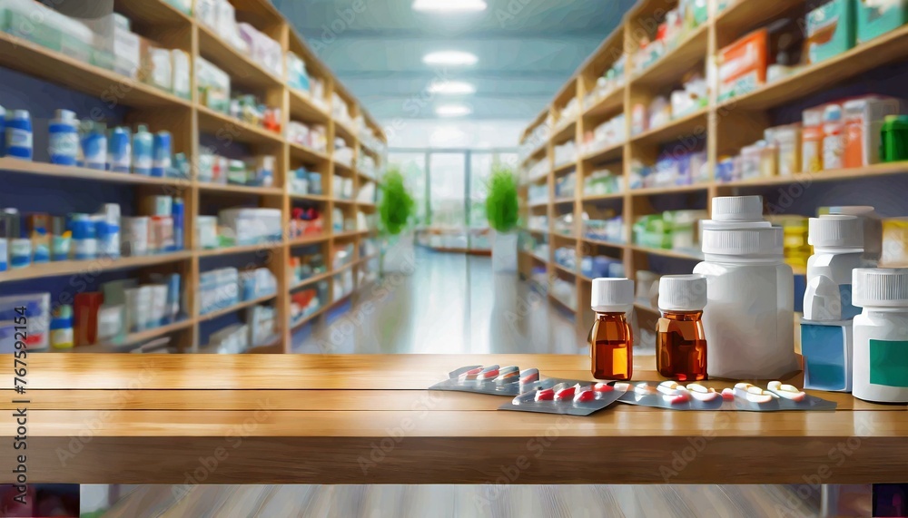 Pharmacy wood table counter with medicines healthcare product arranged ...