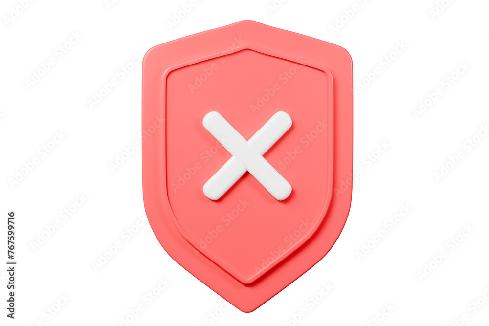 3d Realistic Shield unprotected with cross mark icon. Unprotection ...