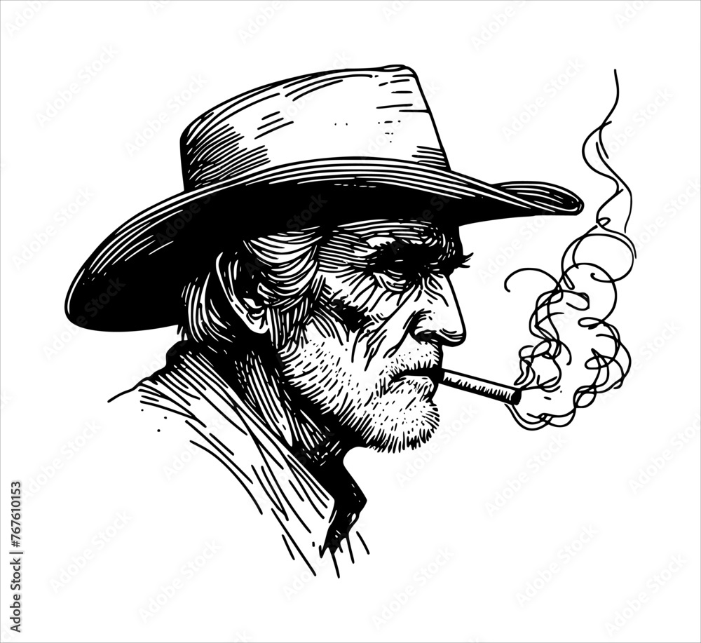 line hand drawing - an old man cowboy is smoking a cigarette, black on ...