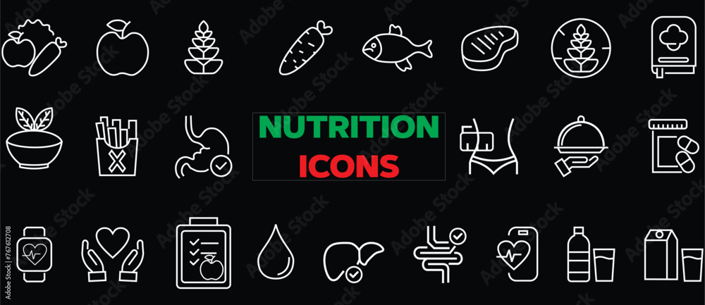 Nutrition Web icon set in line style. Treatment, healthy food, health ...