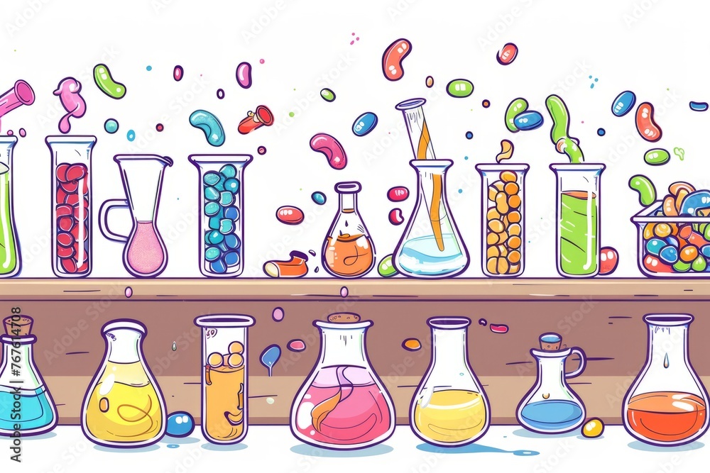 Cartoon cute doodles of a candy laboratory where scientists create new ...