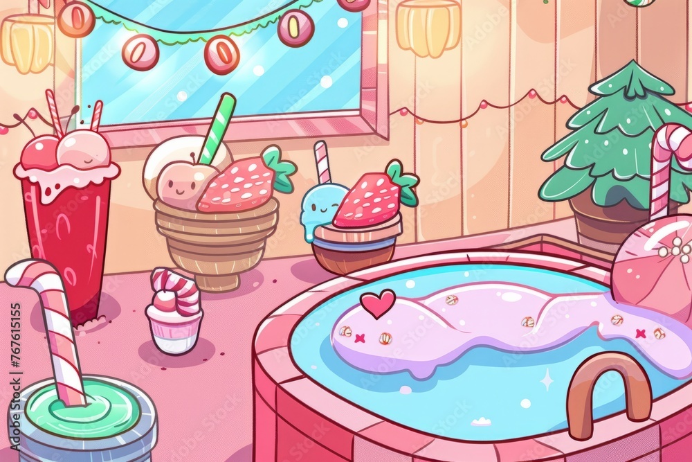 Cartoon cute doodles of a candy spa where guests relax in hot tubs ...