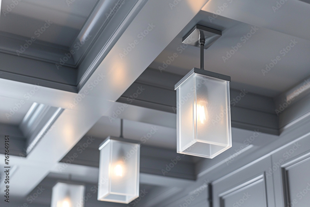 A contemporary coffered ceiling painted in a soft gray, with each ...