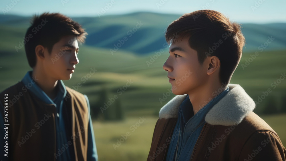 Portrait mongoloid teen kids. Happy cute asian friends on rustic sunny ...