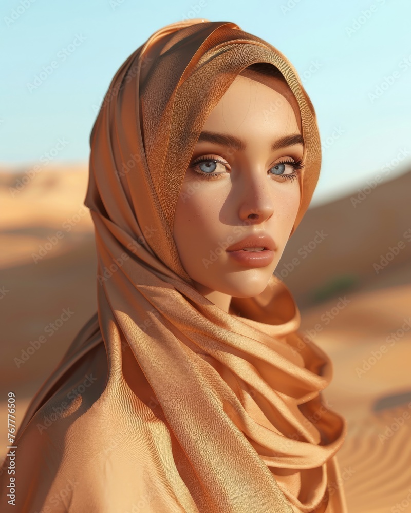 Beautiful woman in golden hijab. A photorealistic image of a woman with ...