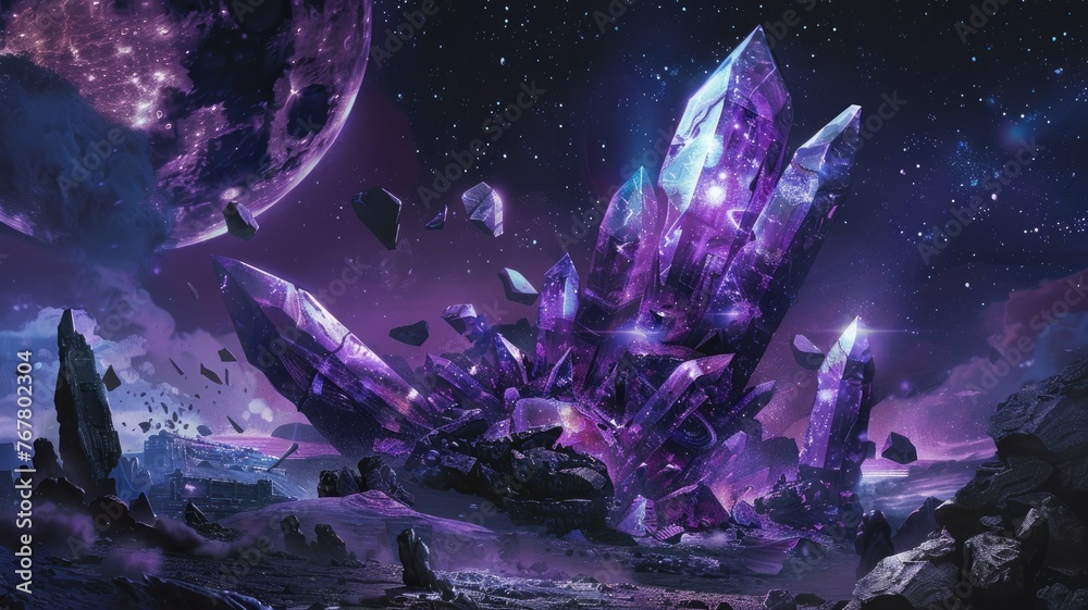 Gigantic purple crystals in alien terrain - A dramatic sci-fi scene ...