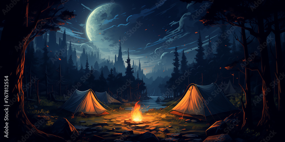 Cartoon illustration of a night forest horizontal landscape. Tourist ...