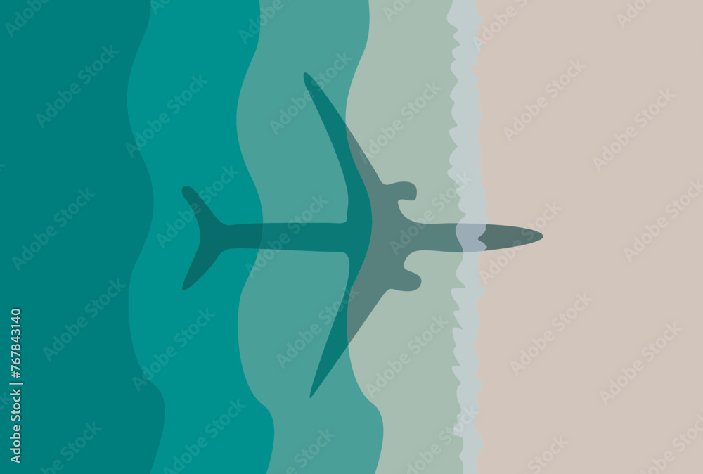 Aeroplan with shadow on the sea water layere of water with dry lan ...