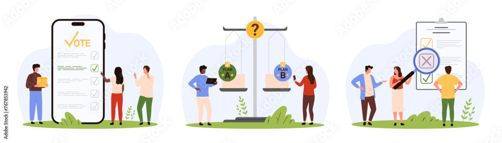 Business choice between options priority, voting set. Tiny people vote ...