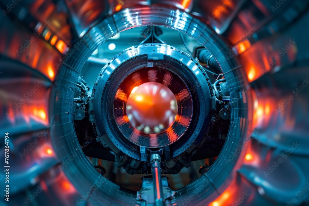 Close-up front view of jet fighter engine. Running aircraft engine ...