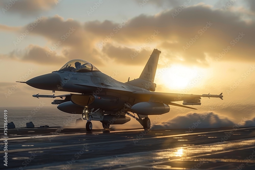 Front view of an F-16 fighter jet taking off from the runway on an ...