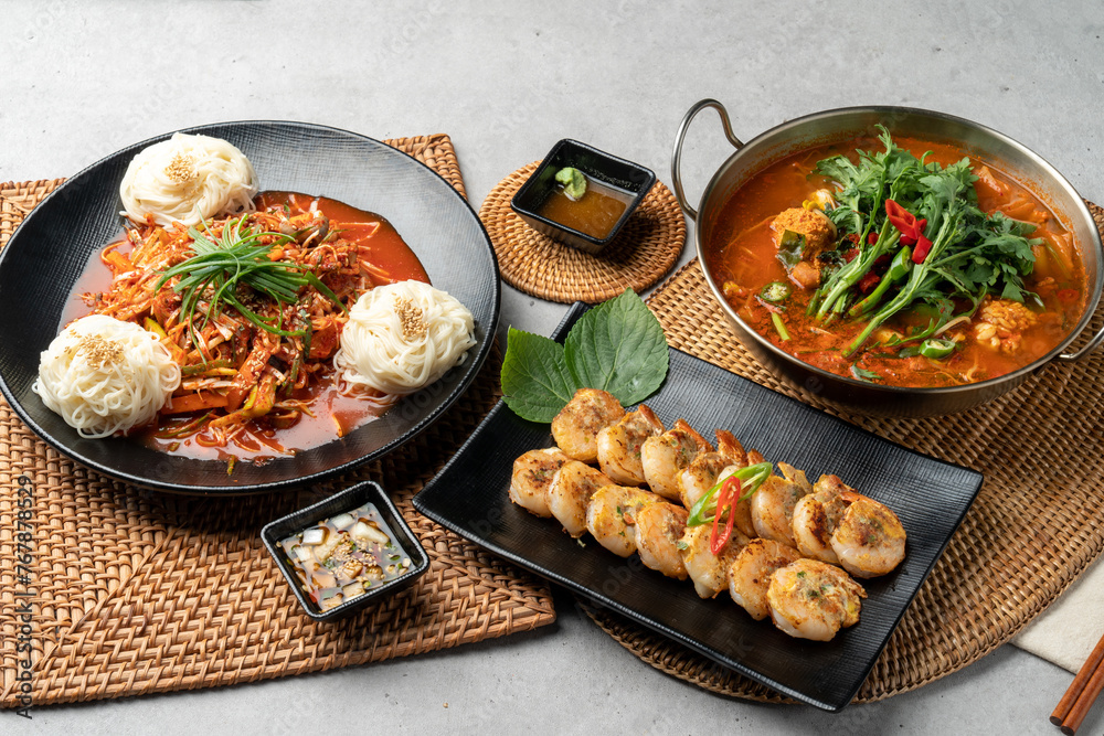 Korean food, fish, shrimp pancake, sea snail, seasoned noodles, soy ...