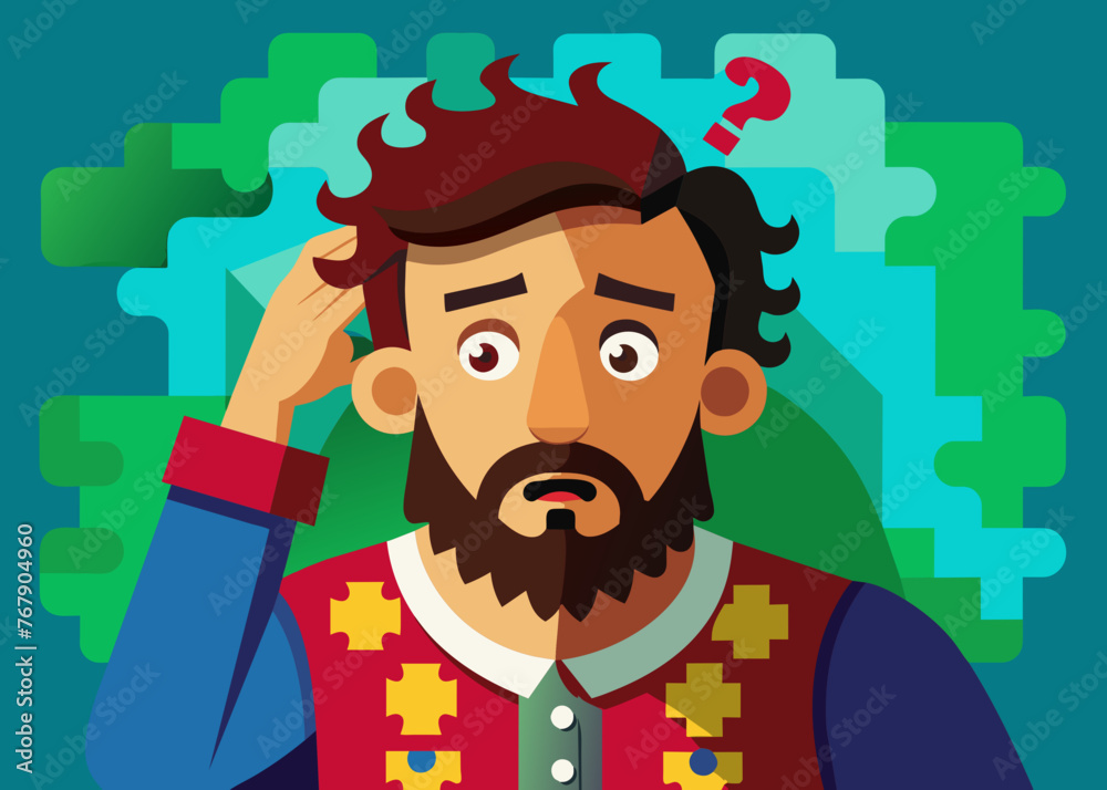 Young puzzled, doubtful, confused man thinking, trying to find solution ...