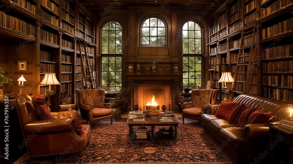Stock-Foto „English Tudor library with coffered ceilings, leaded glass ...
