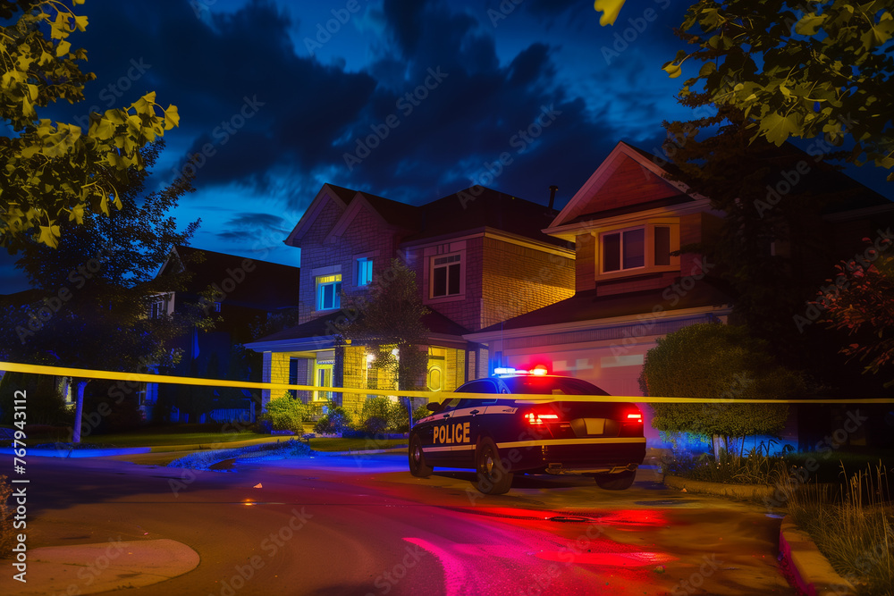 Police car with flashing lights parked on the street in front of the ...
