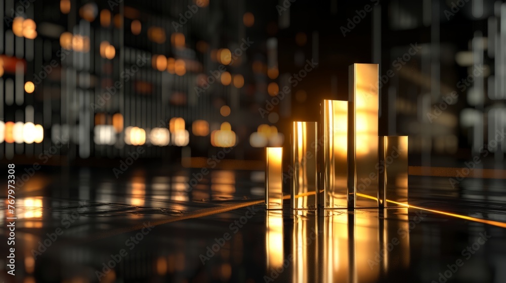 gold metal symbol of bar chart with three columns and arrow Stock ...