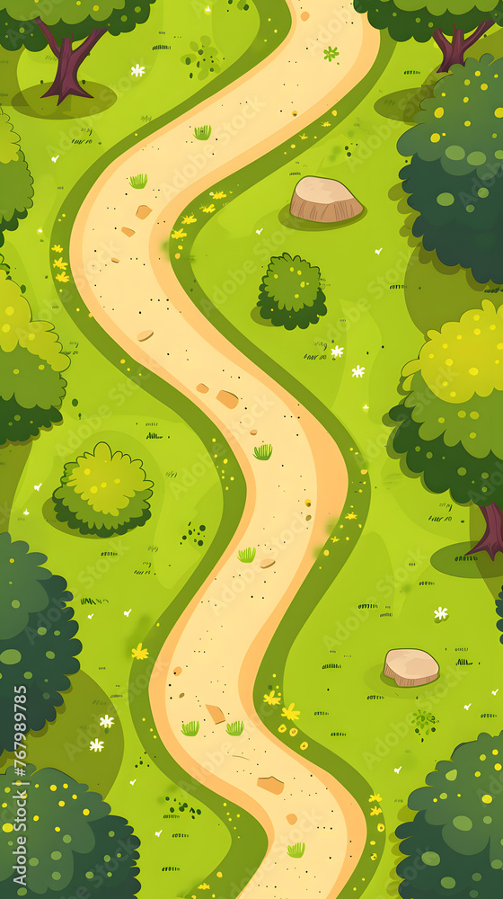 Cartoon style drawing path from bottom to the top, with grass with ...