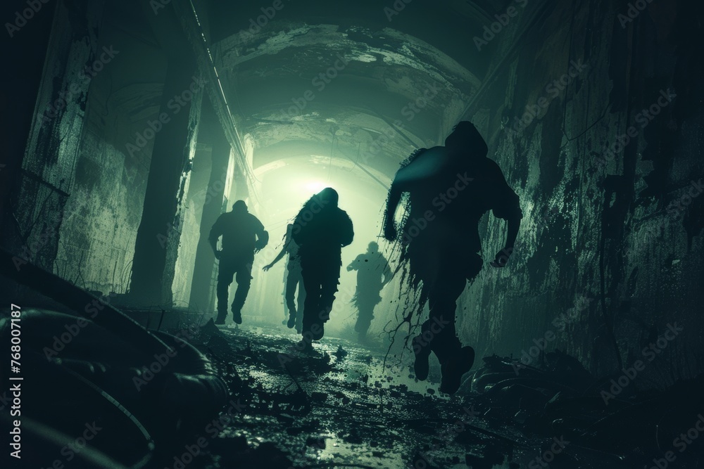 Creepy undead monsters sprinting through dim corridors and deserted ...
