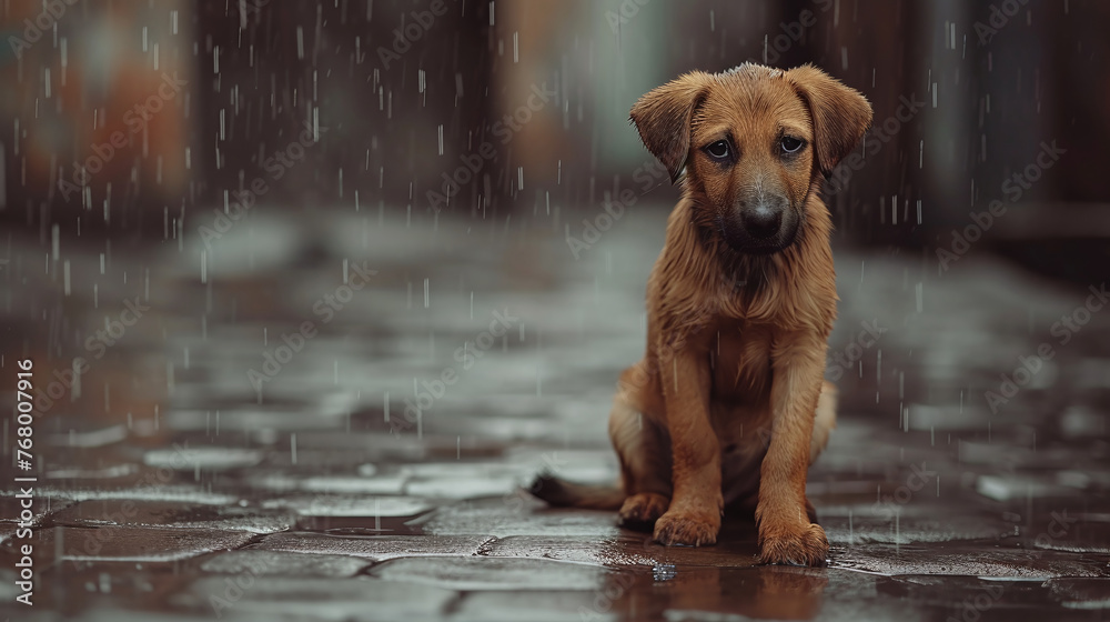 stray homeless dog sad abandoned hungry puppy sitting alone in the street under rain dirty wet ...