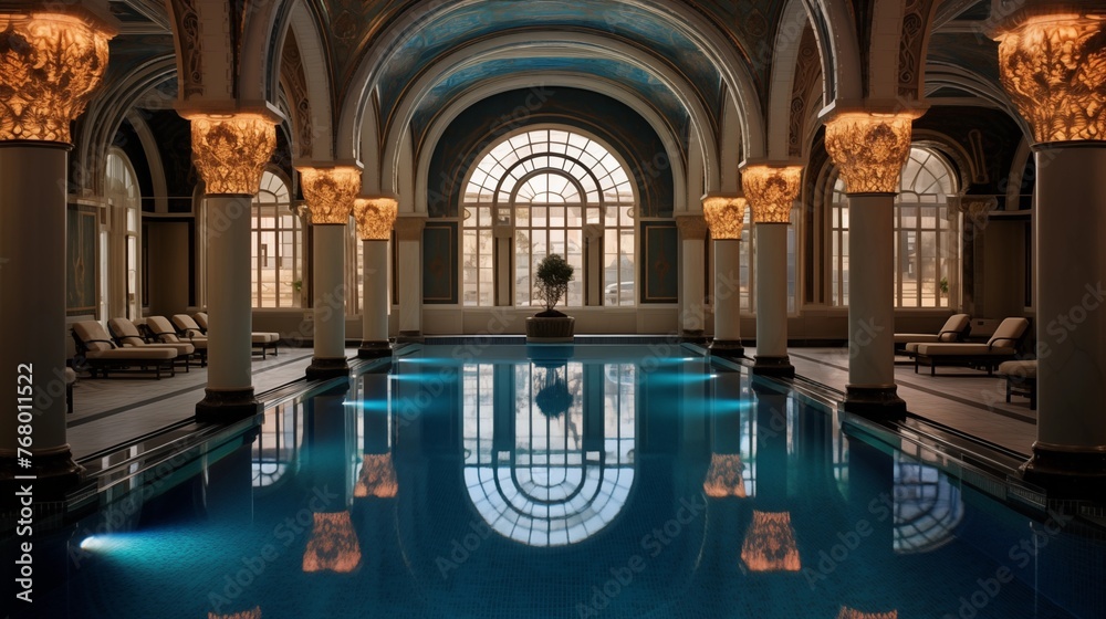 Palatial indoor pool with domed glass ceiling, stone columns, mosaic ...