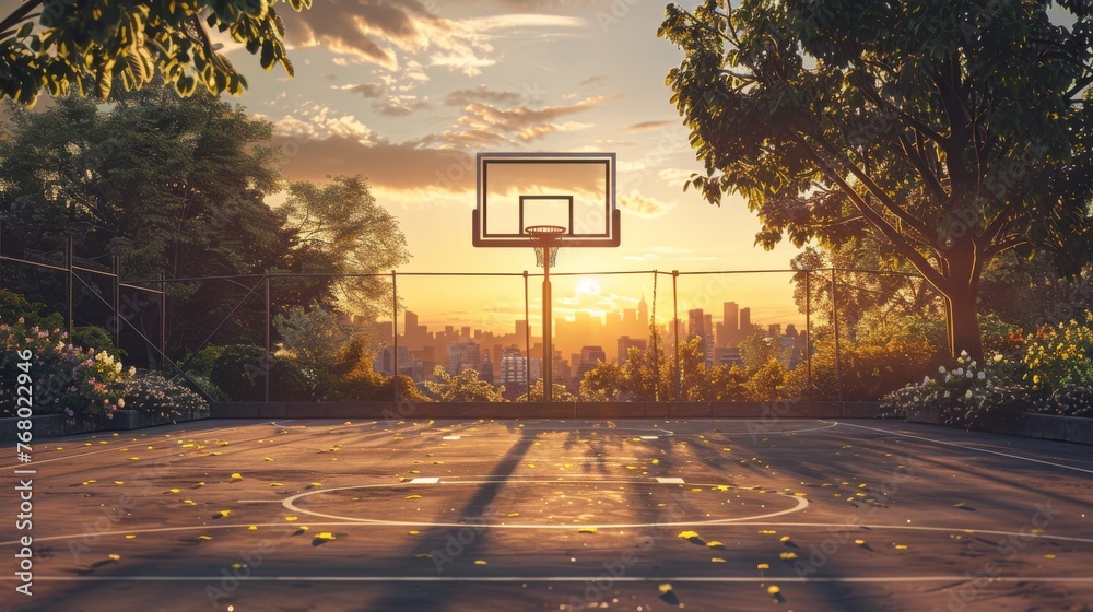 Basketball court outside, simple style, sunset glow, spring's greenery ...