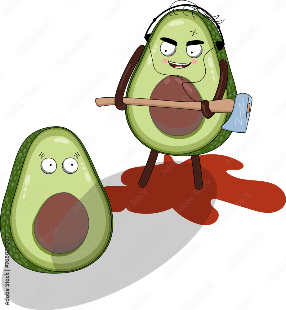Two psychopathic avocados with an ax in headphones and scared. Fruit ...
