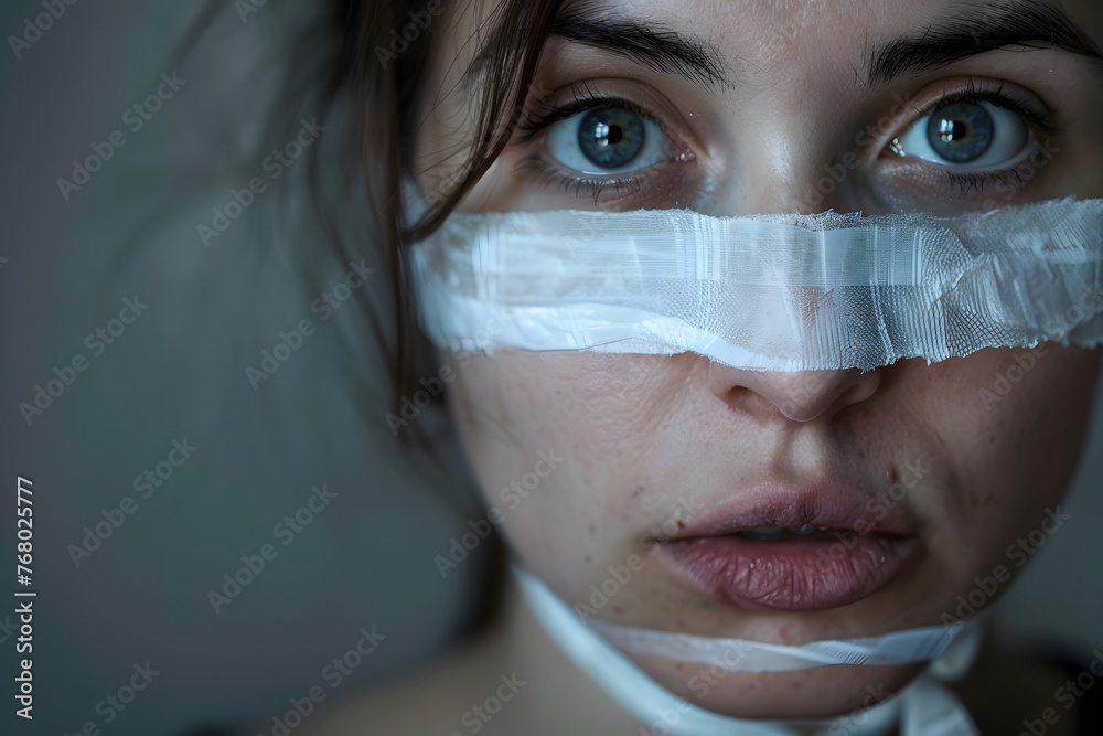 Female hostage with bound mouth and signs of physical abuse, symbolizes ...